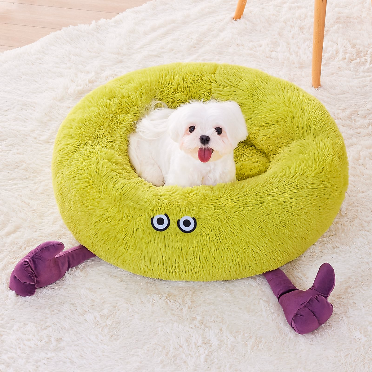 Mooncube Calming Dog Bed for Medium Dogs, 24-Inch Donut Orthopedic Round Pet Bed with Removable Squeaky Toys, Fits up to 25 lbs, Green