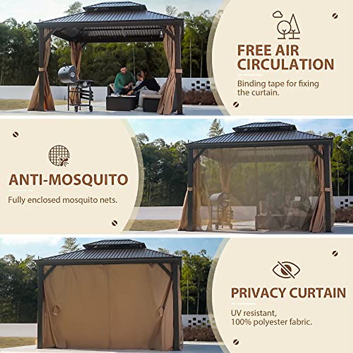 Devoko Outdoor Hardtop Gazebo Galvanized Steel Metal Gazebo Aluminum Frame Double Roof Outdoor Gazebo with Nettings and Curtains for Patios, Garden (10' x12' FT)