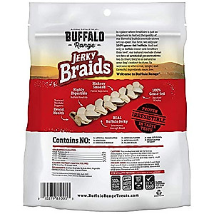 Buffalo Range Rawhide Dog Treats | Healthy, Grass-Fed Buffalo Jerky Raw Hide Chews | Hickory Smoked Flavor | Jerky Braids, 10 Count