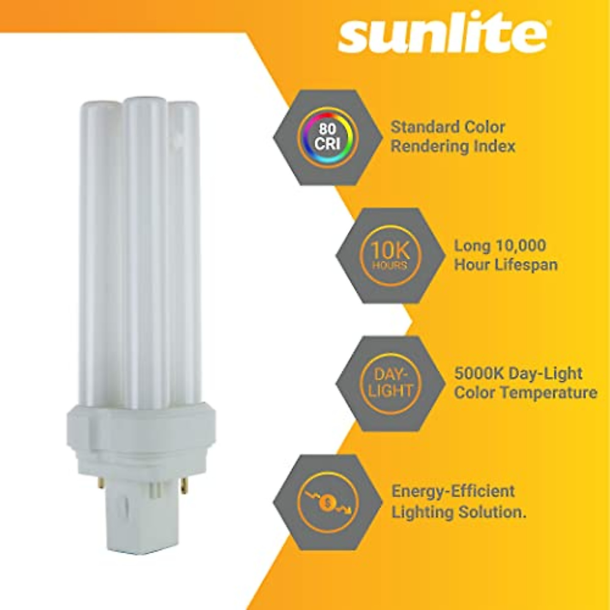 Sunlite FDL28 Fluorescent Quad Tube Plug-in Bulb, 28 Watt, 10,000 Hour Life Span, GX32D-3 Base, 1350 Lumens, for Fluorescent Ceiling Fixtures, Lamps, 5000K Daylight, 1 Pack