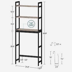 SONGMICS Over-The-Toilet Storage, 3-Tier Bathroom Organizer Over Toilet with Adjustable Shelves, Hooks, Bamboo, Freestanding Space Saver Bathroom Shelves, Rustic Brown and Ink Black UBTS012B01