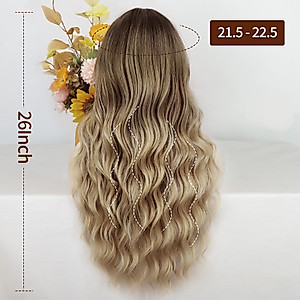 Cisyia Blonde Wigs with Bangs Ombre Blonde Wig for Women 26 Inches Long Wavy Curly Synthetic Heat Resistant Fiber Wigs for Girls Daily Party Use