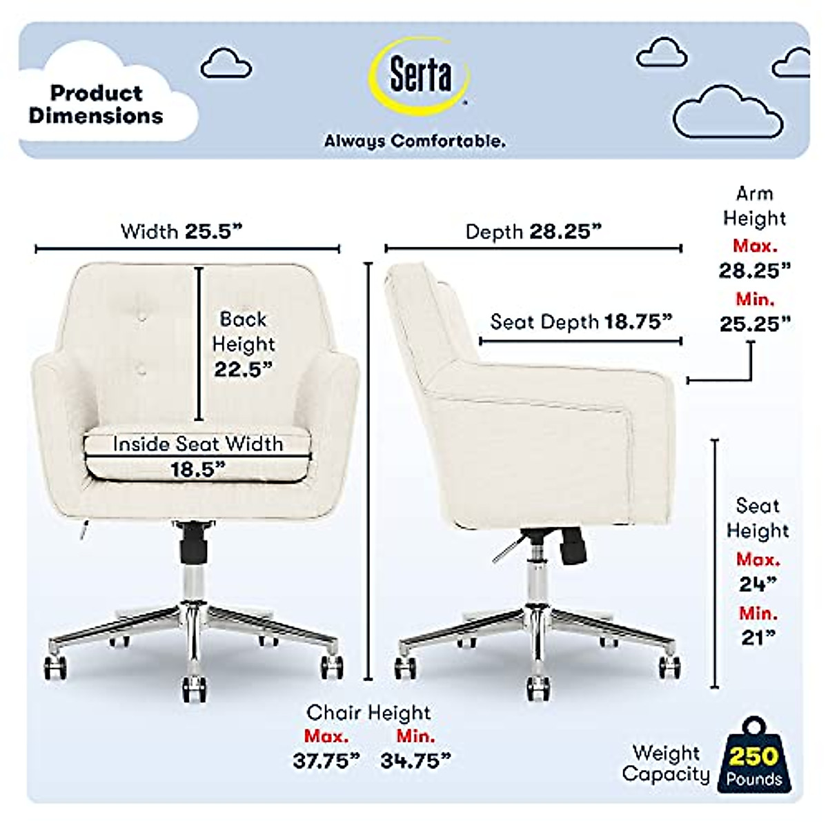 Serta Ashland Modern Office Chair, Stylish Mid-Back DeskChair, SertaQuality Foam, MemoryFoam Cushion, Comfy Armchair with Wheels, VanityChair, Metal Base, Chrome Finish, Ivory