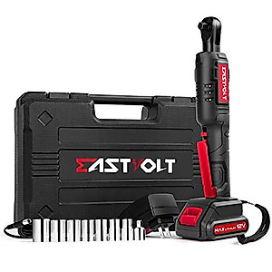 Eastvolt 12V Cordless Electric Ratchet Wrench Set, 3/8 Inch 35 Ft-lbs Power Wrench Tool Kit with Fast Charger, 2.0Ah Lithium-Ion Battery, 7-Pieces 3/8 Inch Metric Sockets and 1/4" Adaptor, Black + Red