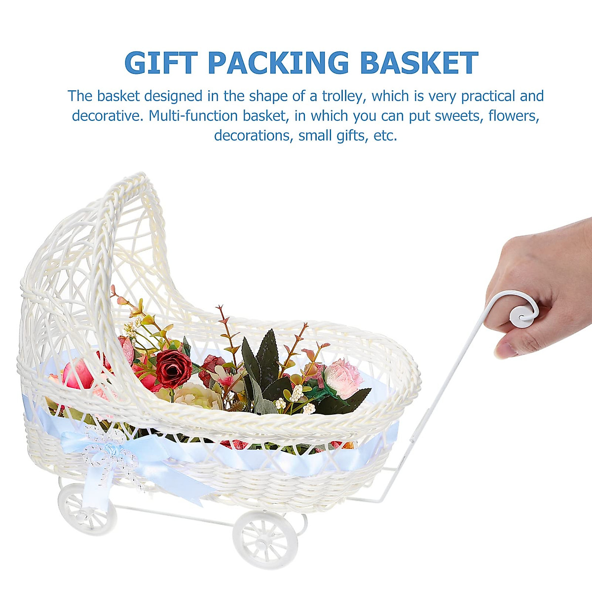 Gadpiparty Rattan Baby Boy Shower Candy Boxes Woven Flower Basket Baby Stroller Shape Wedding Favor Basket Christmas Birthday Treat Box Baptism Basket Boxes Blue