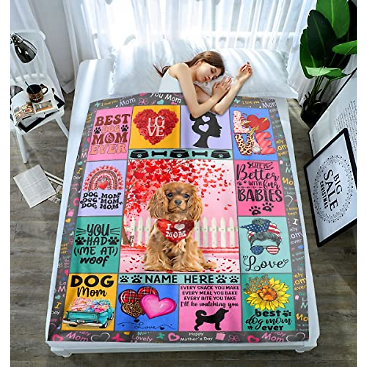 PREZZY Personalized Gifts for Best Dog Mom Ever Throw Blanket Cute Cavalier King Charles Spaniel Happy for Mom Mama Grandma Birthday Gifts Idea for Couch Sofa Bed Soft Throw Blanket