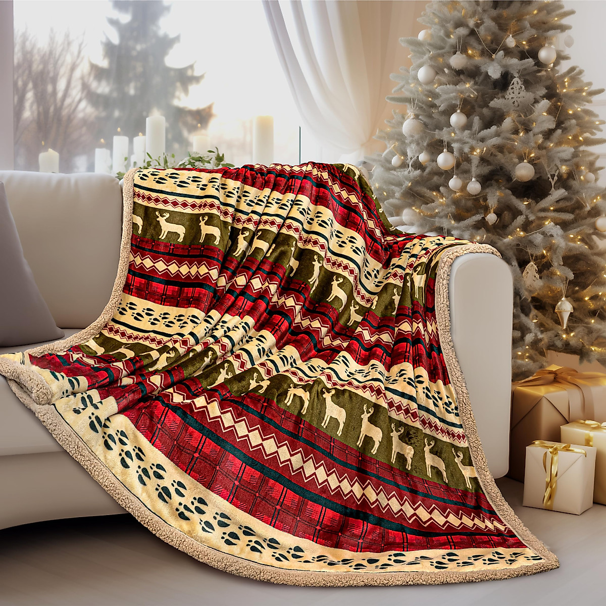 PAVILIA Premium Christmas Blanket Sherpa Fleece Throw| Plush Christmas Decoration, Reindeer, Cozy Reversible Winter Holiday Cabin Blanket for Sofa Couch 50x60
