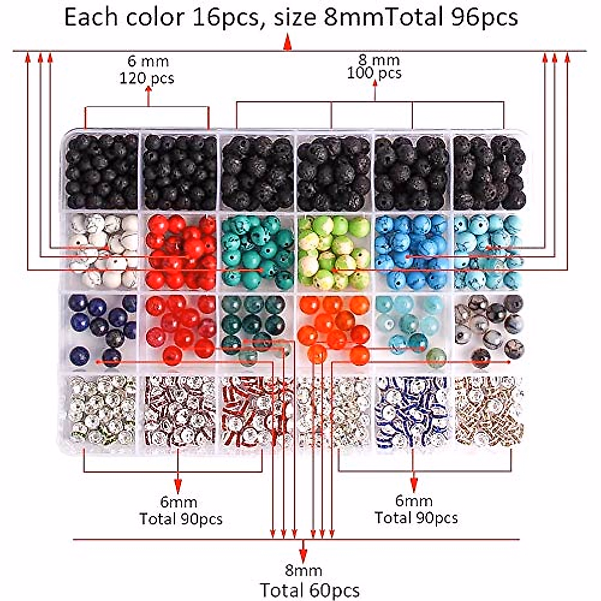 Fishdown 560 Pcs Natural Stone Healing Beads Lava - Natural Gemstone Beads Volcanic Stone Loose Beads Assortment Spacer Beads for Necklace Bracelets Jewelry Making DIY Kit