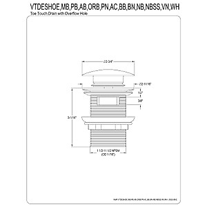 Kingston Brass VTDESHOE Trimscape Toe-Touch Tub Overflow, 1-1/2" Threaded Drain, Polished Chrome
