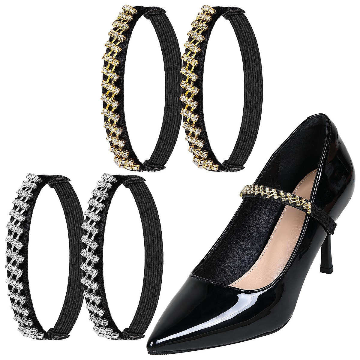 Hanaive 2 Pairs Rhinestone Elastic Shoe Ankle Straps Detachable Shoe Strap Heel Band for Women High Heels Loose Shoes, Gold and Silver