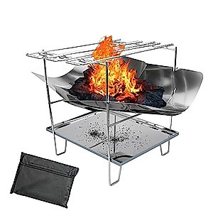 Foldable Camping Grill- Stainless Steel Wood Burning Stove and Fire Pit- 14.2” Portable Campfire Charcoal BBQ Grill- Outdoor Cooking BBQ With Grill Mesh and Carry Bag- Easy to Assemble