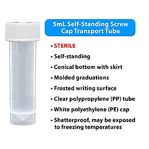 Globe Scientific 6101S Polypropylene Molded Graduations Conical Bottom Self Standing Transport Tubes with Attached White Polyethylene Screw Cap, Sterile, 5ml Capacity, Pack of 500