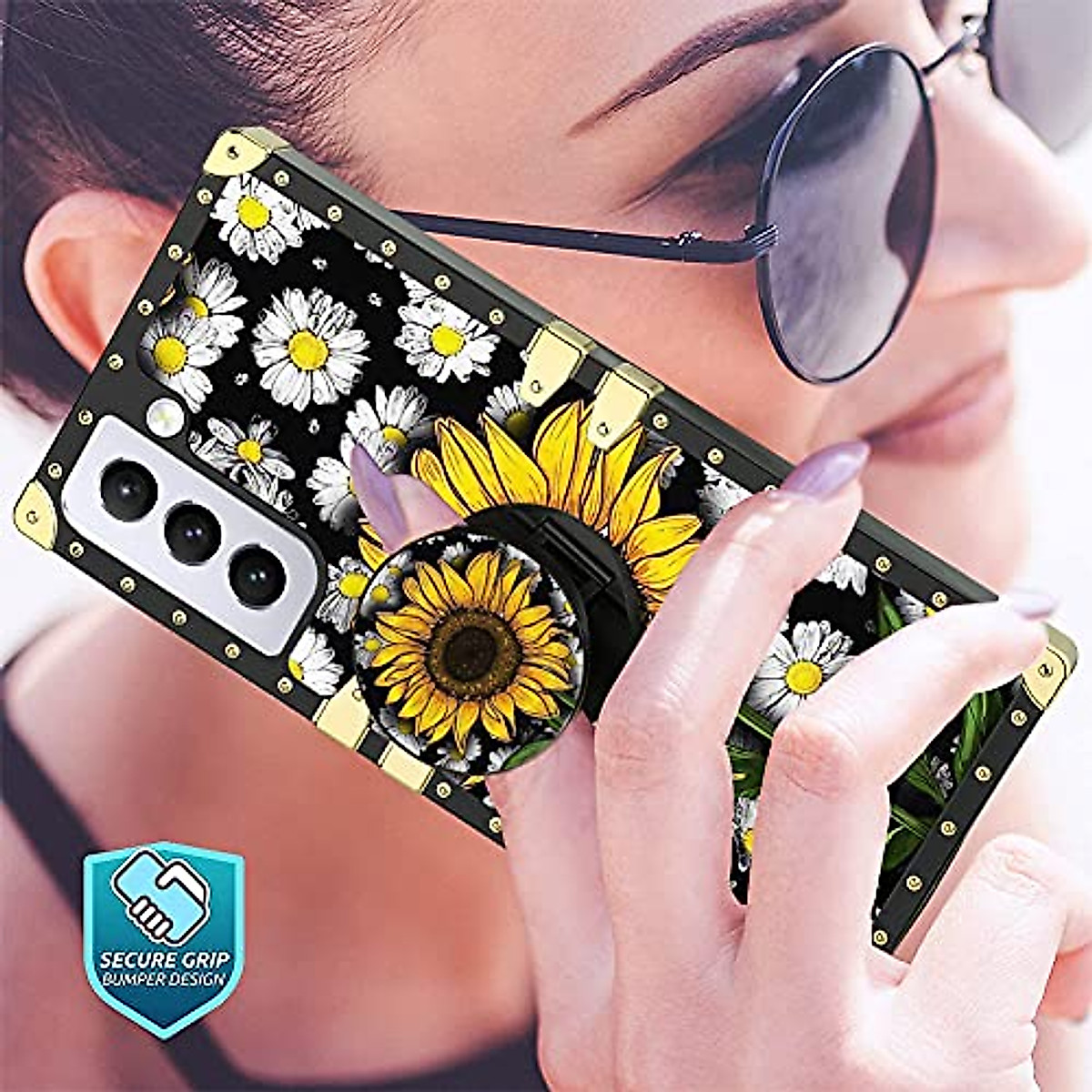 KANGHAR Designed for Samsung Galaxy S21 5G Case Sunflower with Tempered Glass Screen Protector Lanyard Strap Ring Holder Kickstand for Women Girls Flower Daisy Square with Finger Grip Stand 6.2"