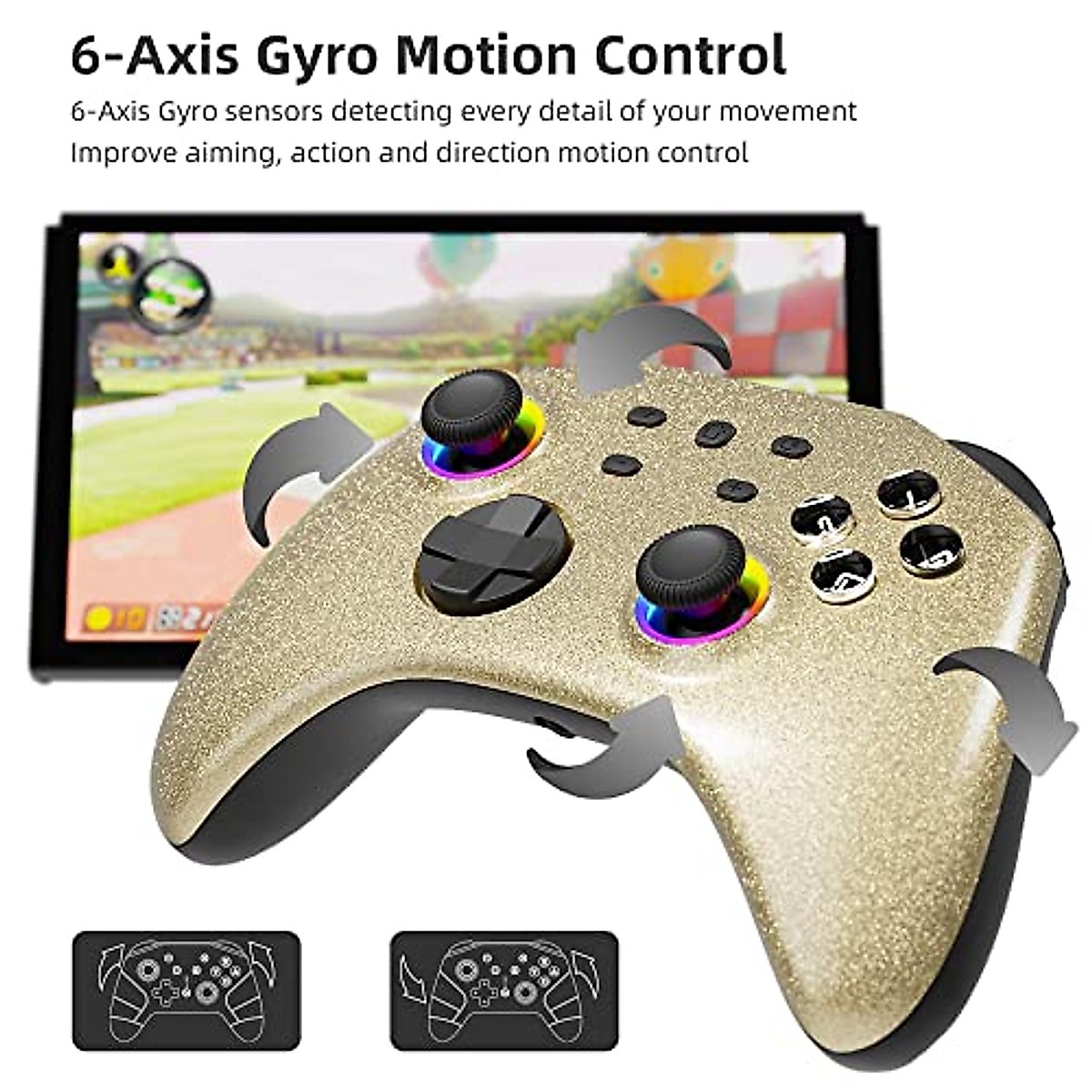 Mytrix Gold Wireless Switch Controller Compatible with Nintendo Switch/OLED/Lite Steam Deck, Pro Controller with Turbo, Motion, Vibration, Wake-Up, Headphone Jack and Dynamic Joystick RGB Lighting