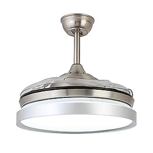 XM Retractable Ceiling Fan with Light and Remote Control Invisible Blades Ceiling Fan Chandelier LED 3 Light Color Change for Bedroom Living Room, 42 Inch