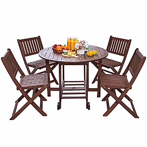 Greesum 5 Piece Patio Dining Set Outdoor Acacia Wood Furniture All-Weather Folding Round Table and Chairs for Backyard,Balcony,Porch,Deck,Garden, Dark Brown