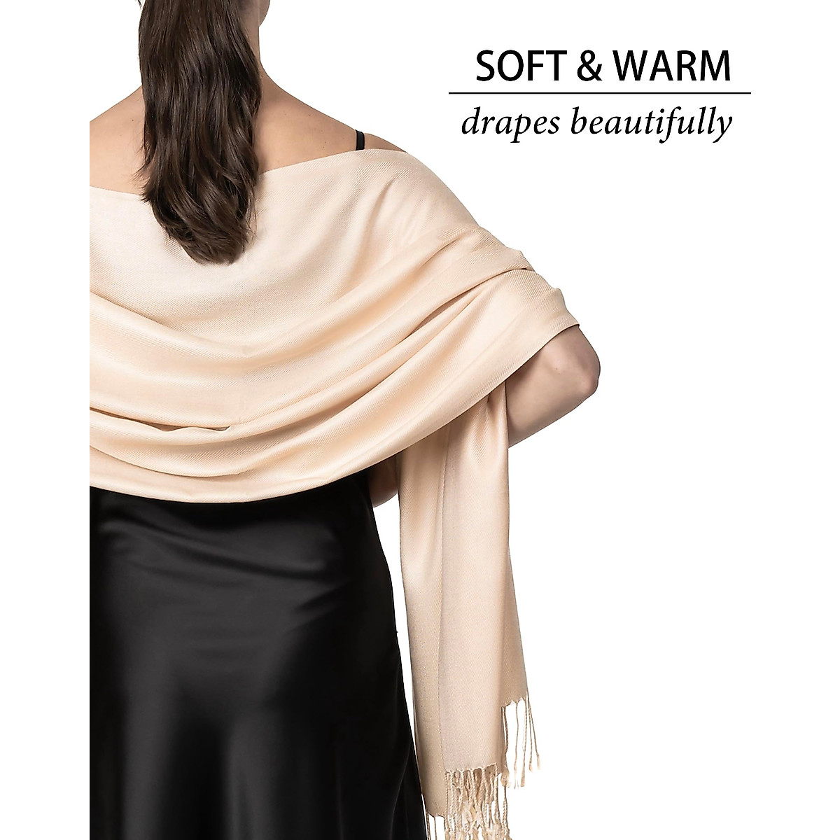 Achillea Large Soft Silky Pashmina Shawl Wrap Scarf in Solid Colors (Cream/Beige)
