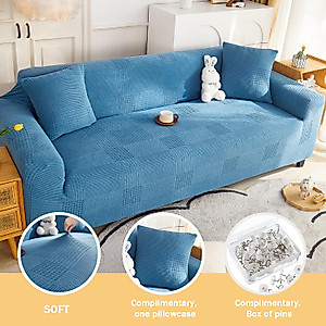 TongBF Stretch Fabric Sofa Cover Corner Cover for 1/2/3/4 Seater, Chair, Recliner, Sectional Sofa with Pillowcase As A Gift (Jacquard-Blue, 4 Seater)