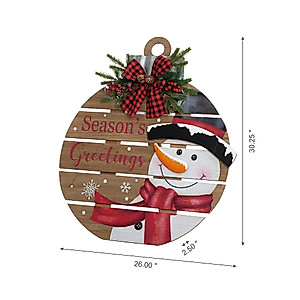 Glitzhome Lighted Outdoor Christmas Wooden Porch Sign with Timer 6 Hours On /18 Hours Off,12LED Lights Christmas Snowman Porch Sign for Outside Decor "Season's Greetings" with Display Leg & Hang Hole