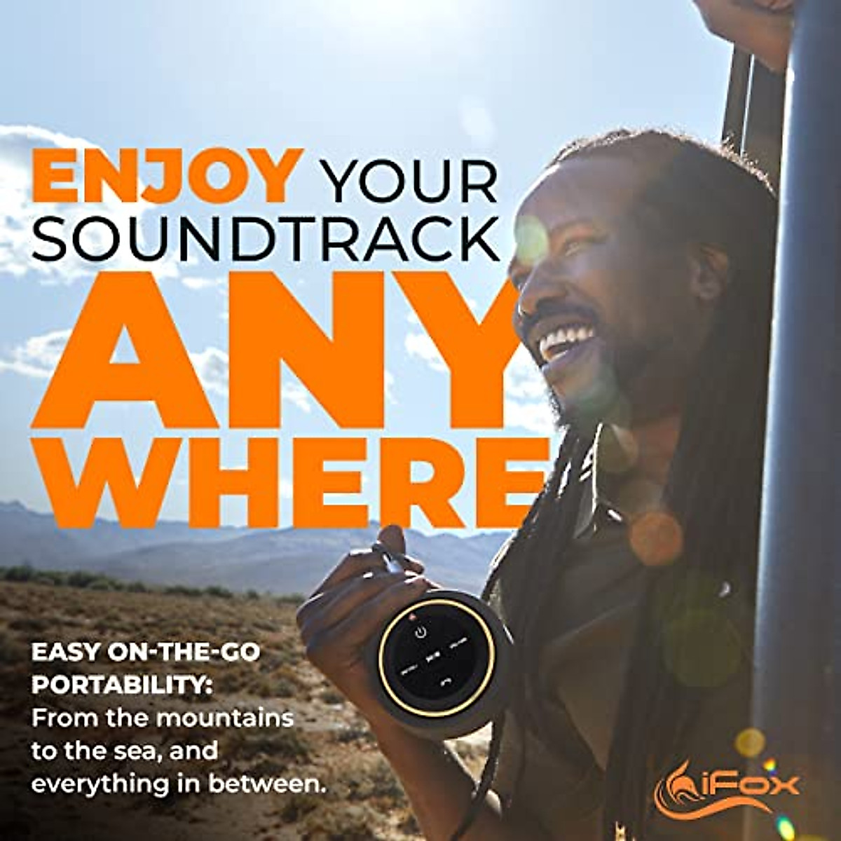 iFox Portable Bluetooth Shower Speaker, IPX7 Waterproof Outdoor Wireless Speaker, Built-in Mic, Carabiner, Beach, Camping, Hiking, Pool, Great Gift, Black/Gold