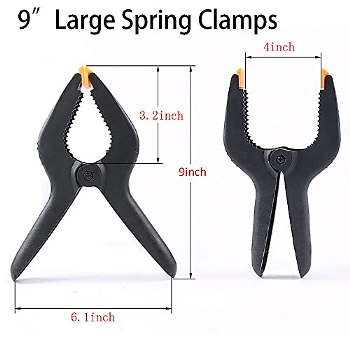 ONDY 2 Pack Of 9” Large Spring Clamps Heavy Duty Nylon Muslin Woodworking Clamps Photo Studio Backdrops Backgrounds Clamps Set, the Jaws Have a Maximum Opening of 4"