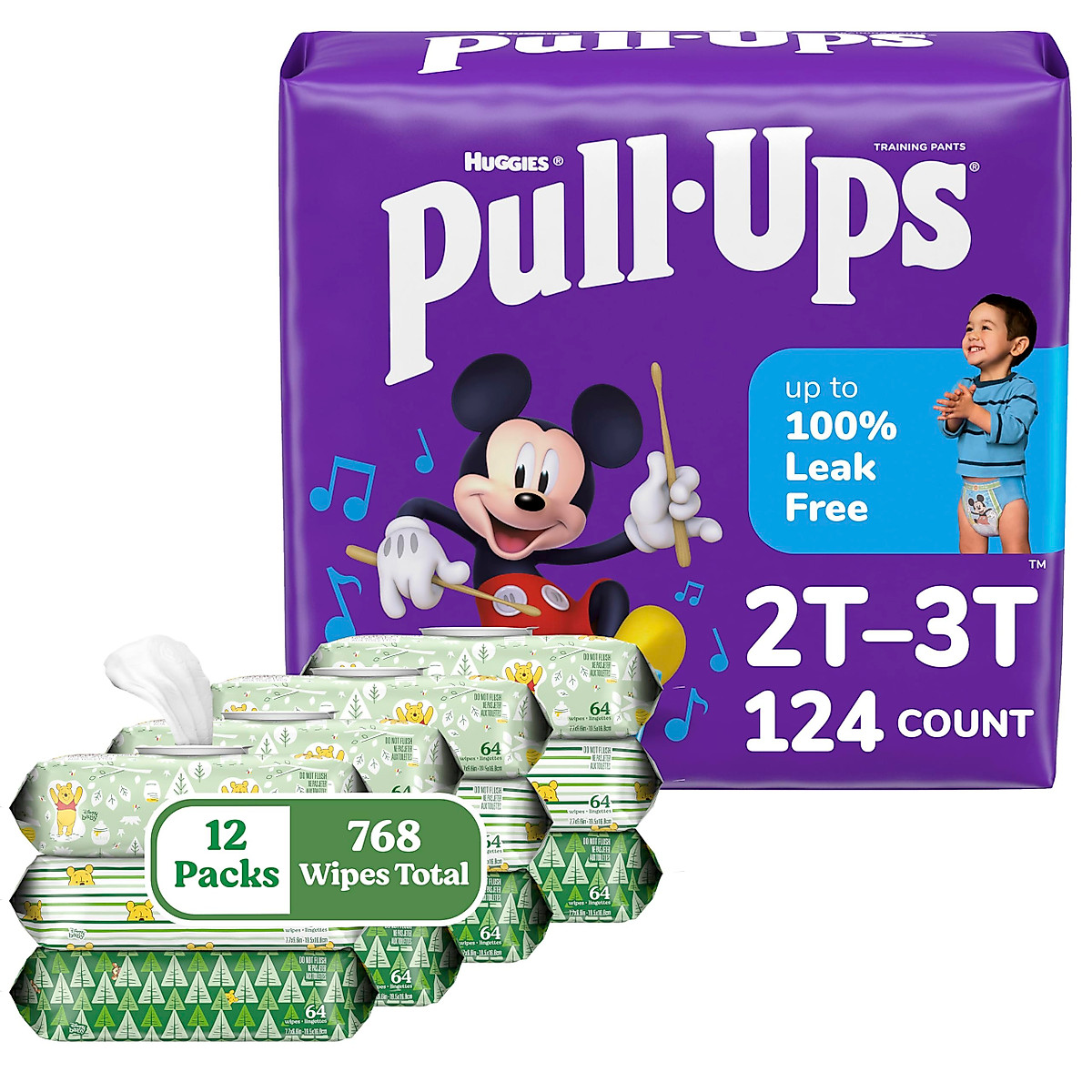 Pull-Ups Boys Training Pants & Wipes Bundle: Pull-Ups Training Pants for Boys Size 2T-3T, 124ct & Huggies Natural Care Sensitive Wipes, Unscented, 12 Packs (768 Wipes Total) (Packaging May Vary)
