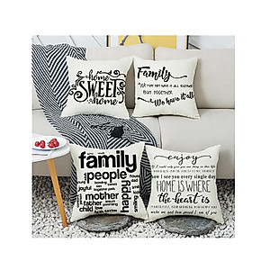 ELLIEMAPH Home Sweet Home Family Throw Pillow Covers 18x18 Inch Set of 4 Linen Decorative Cushion Cases for Bed Sofa Couch Decoration with Bonus 12x18 Inch Welcome Garden Flag