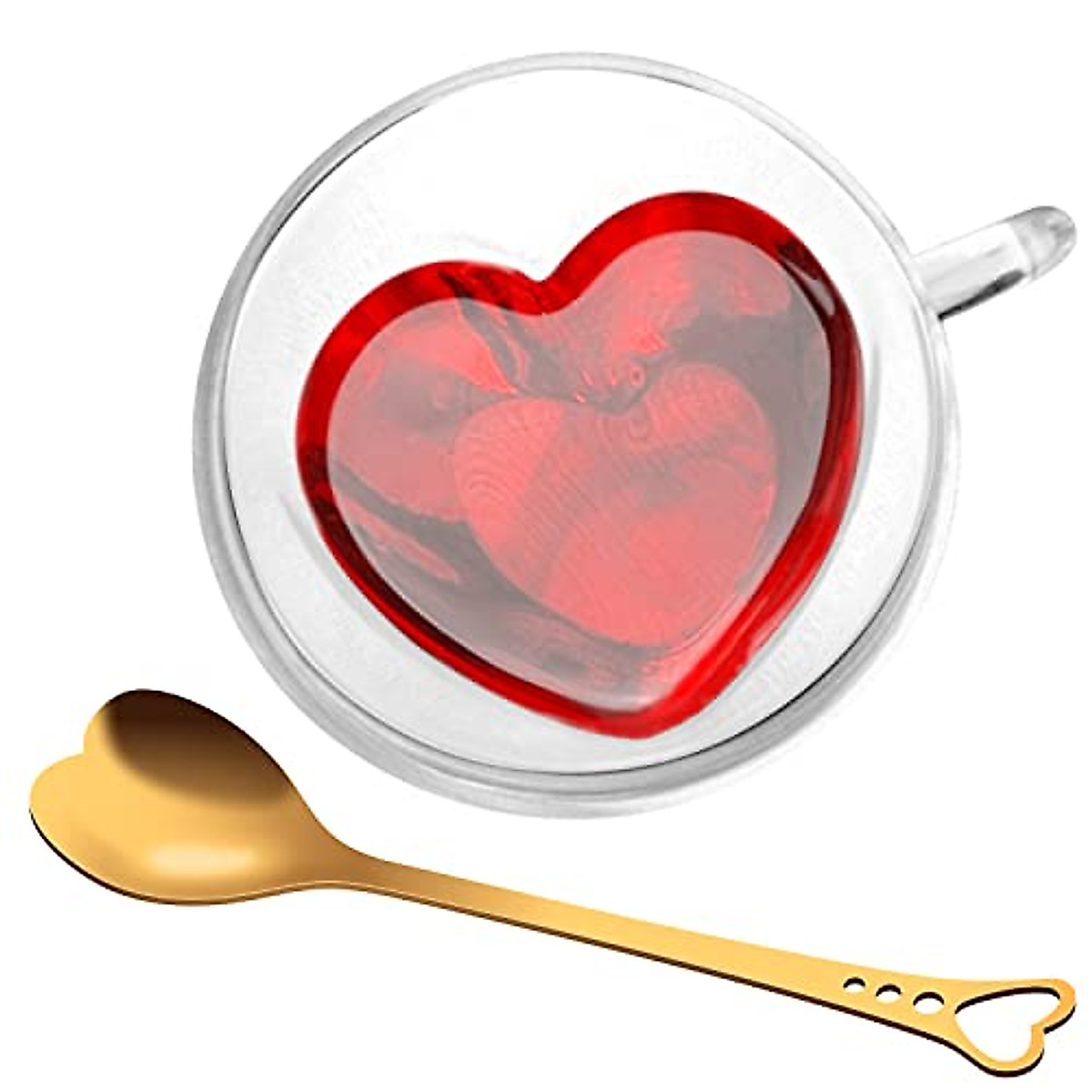 Lucy Sui Heart Shaped Cup - Double Walled Insulated Glass Coffee Mug or Tea Cup - Double Wall Glass 8oz (240ml) - Clear - Unique & Insulated with Handle - With Teaspoon