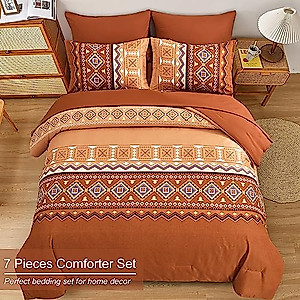 Dobuyly Burnt Orange Comforter Set King, 7 Pieces Bed in a Bag Terracotta Boho Aztec Comforter Soft Microfiber Bedding Set with Comforter, Flat Sheet, Fitted Sheet, 2 Pillow Shams, 2 Pillowcases