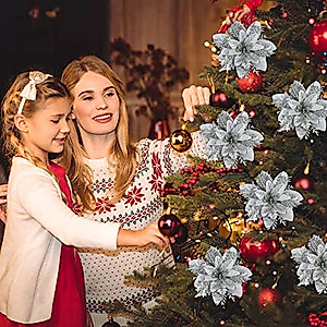 Vanleonet 12 PCS Christmas Glitter Artificial Poinsettia Flowers, Christmas Flowers Decorations, Glitter Poinsettia Tree Ornaments for Christmas Wreath Wedding Xmas Tree New Year Decorations