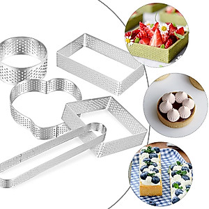Baking Tart Rings Stainless Steel Perforated Tart Ring Muffin Rings, Mousse Baking Ring Cake Rings Dessert Rings Pastry Ring for French Tarte（5 Different Shape）