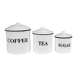 Creative Co-Op Farmhouse Enameled Metal Containers with "Coffee", "Tea", and "Sugar" Messages, White and Black, Set of 3 Sizes