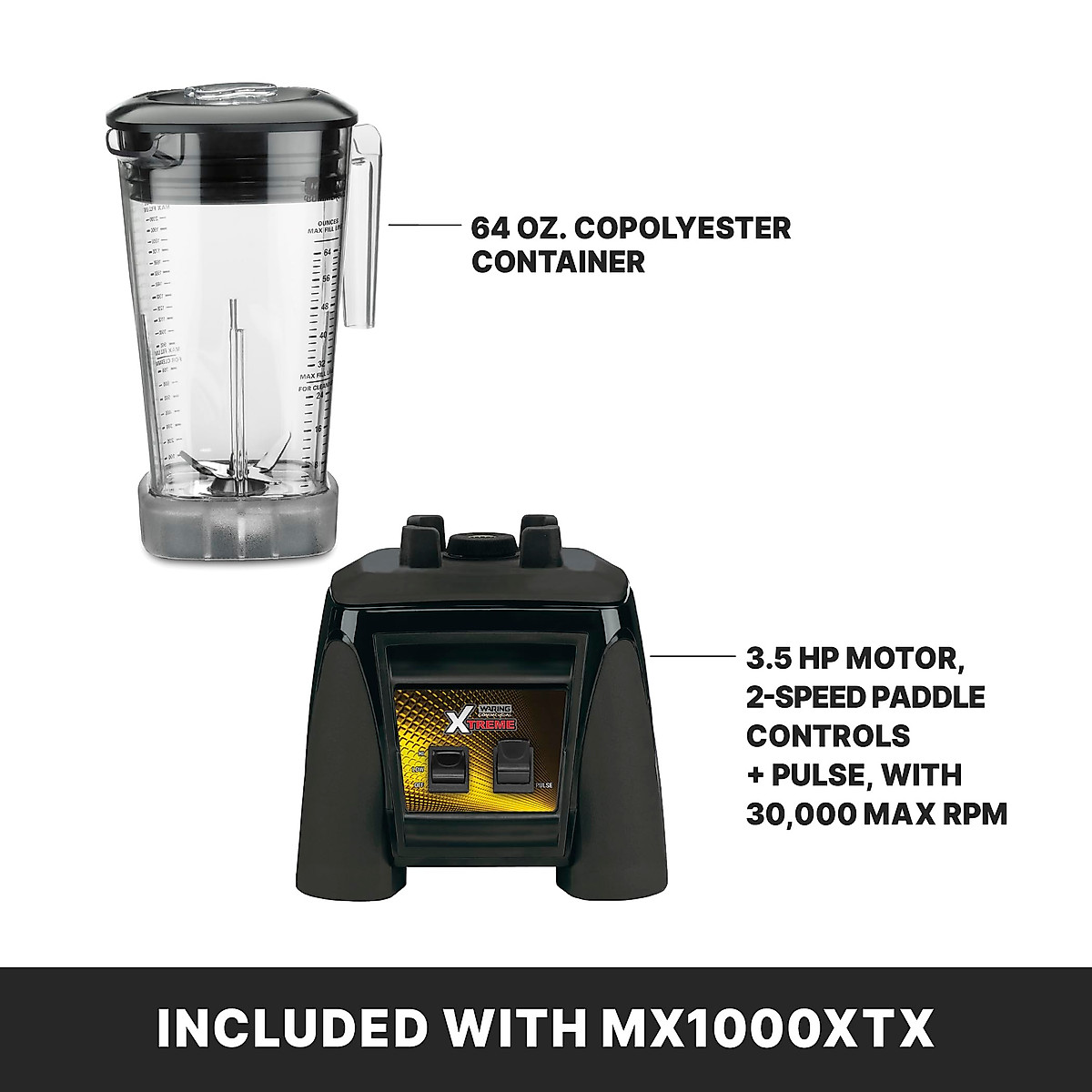 Waring Commercial MX1000XTX 3.5 HP Blender with Paddle Switches, Pulse Feature and a 64 oz. BPA Free Copolyester Container, 120V, 5-15 Phase Plug