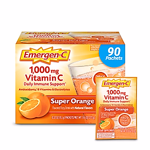 Emergen-C 1000mg Vitamin C Powder for Daily Immune Support Caffeine Free Vitamin C Supplements with Zinc and Manganese, B Vitamins and Electrolytes, Super Orange Flavor - 90 Count/3 Month Supply