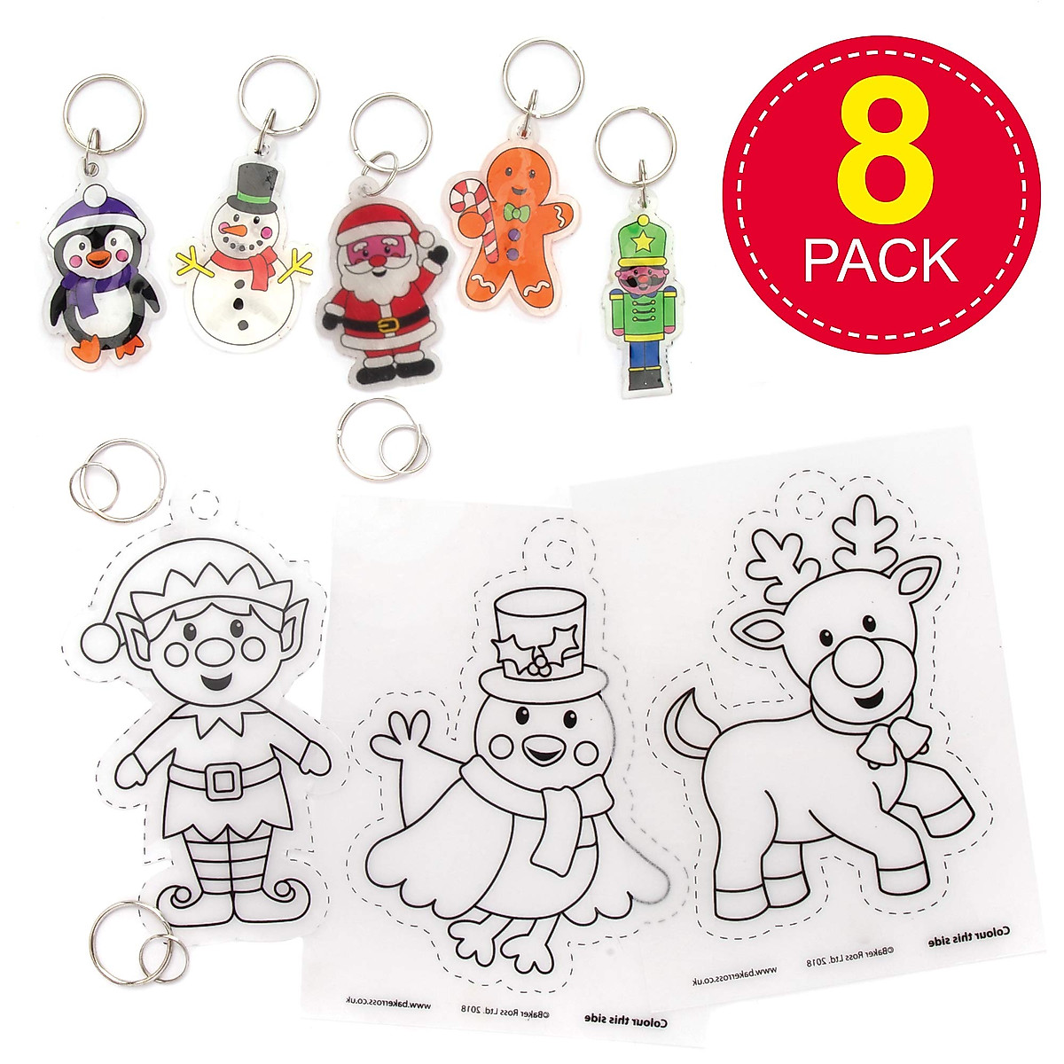 Baker Ross AW959 Christmas Super Shrink Keyring Kits - Pack of 8, Festive Arts and Crafts, White