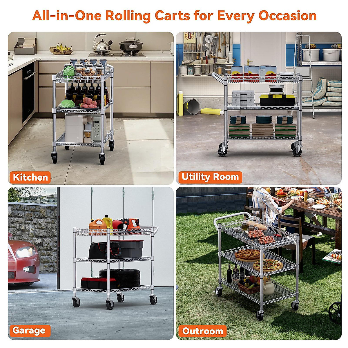 WDT Heavy Duty 3 Tier Rolling Utility Cart, Kitchen Metal Utility Carts with Handle Bar, Utility Shelf Plant Display Shelf Food Cart Storage Trolley with Wheels, Silver