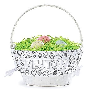 Floral and Heart Theme DIY Personalized Easter Egg Basket with Handle and Custom Name | Color It Yourself Easter Basket Liners | White Basket | Woven Easter Baskets for Kids | Customized Easter Basket