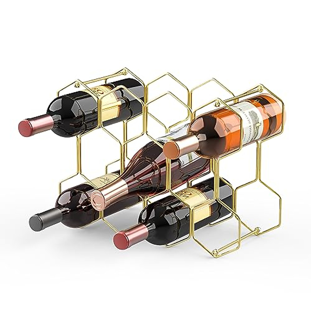 Buruis Countertop Wine Rack - 14 Bottle Wine Holder for Red White Wine Storage - Freestanding Metal Wine Rack - Small Tabletop Wine Rack - 3 Tier Modern Wine Bottle Holder (Gold)