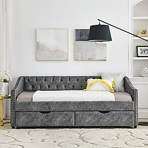 Lovtimber Twin Size Daybed with Double Storage Drawers, Upholstered Sofa Bed, Wooden Couch Tufted Backrest & Nailhead Armrest, for Bedroom Furniture, Living Room, Gray