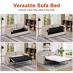 Plococo Pull Out Sofa Bed, Corduroy Queen Sleeper Sofa Couch with Foam Mattress, Large Sofa Sleeper Pullout Couch Bed for Living Room Office, Queen Size (Beige Brown)