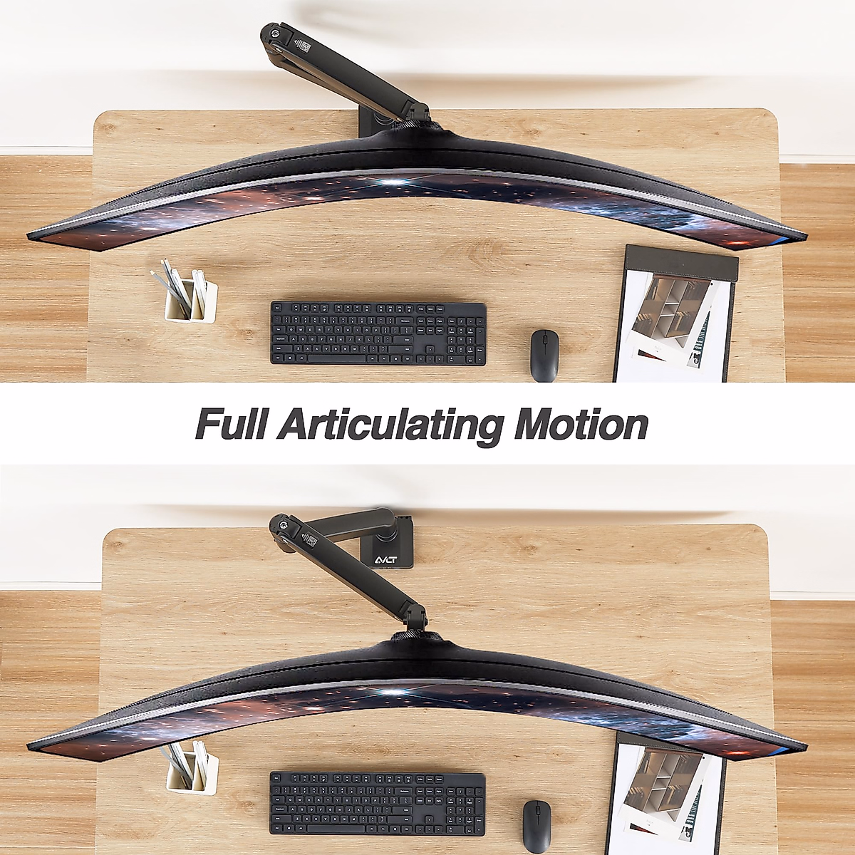 AVLT Single 17"-49" Super Ultrawide Monitor Arm for Screens Up to 50 lbs, Premium Aluminum Desk Stand, Adjustable Pneumatic Height, Full Motion Swivel Tilt Rotation, USB 3.0 & AUX Ports, Black