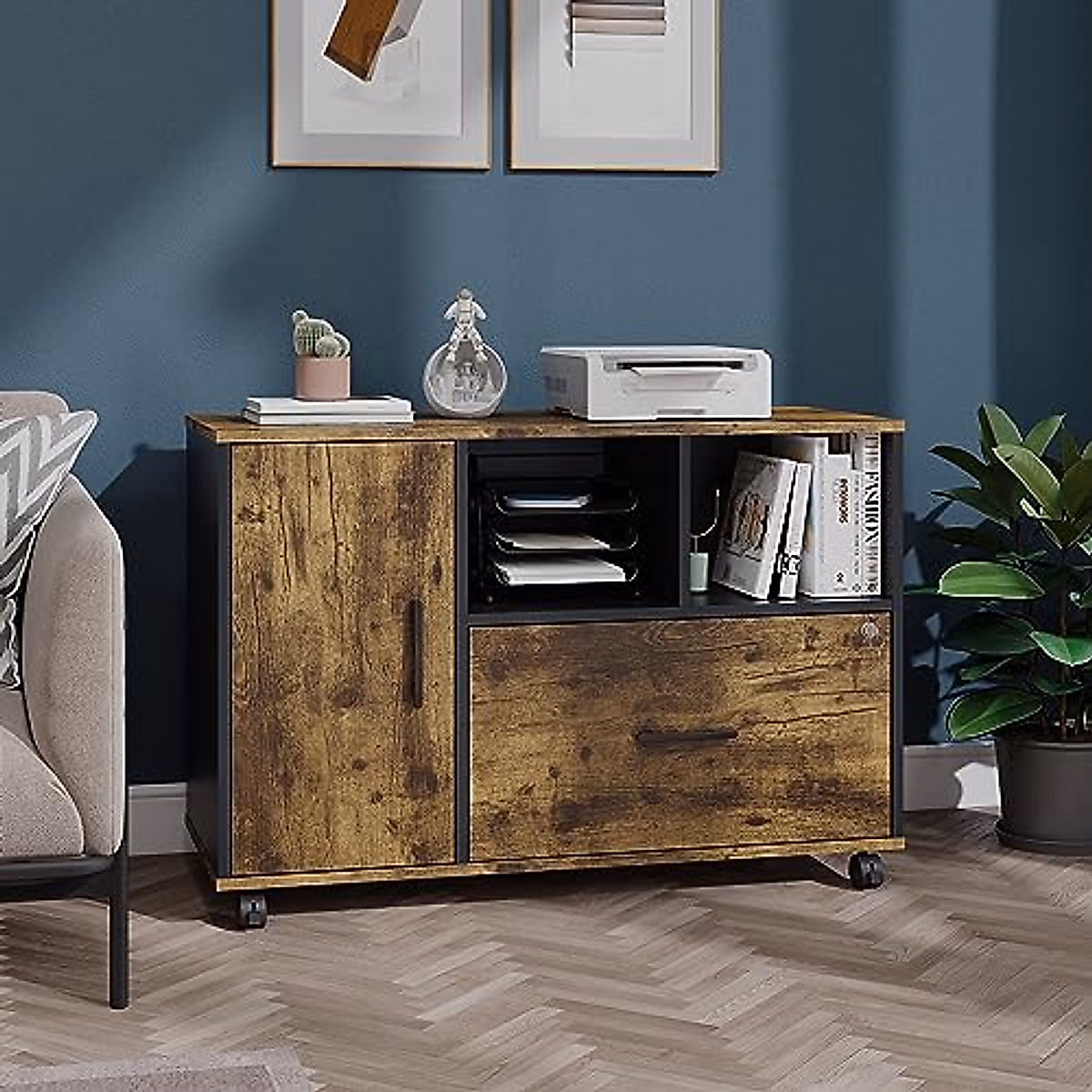 Wood File Cabinet with Lock, 1-Drawer Wooden Office Lateral Filing Cabinet on Wheels Mobile Printer Stand with Open Storage Shelf for Letter/Legal/A4 Size Files (Wood)