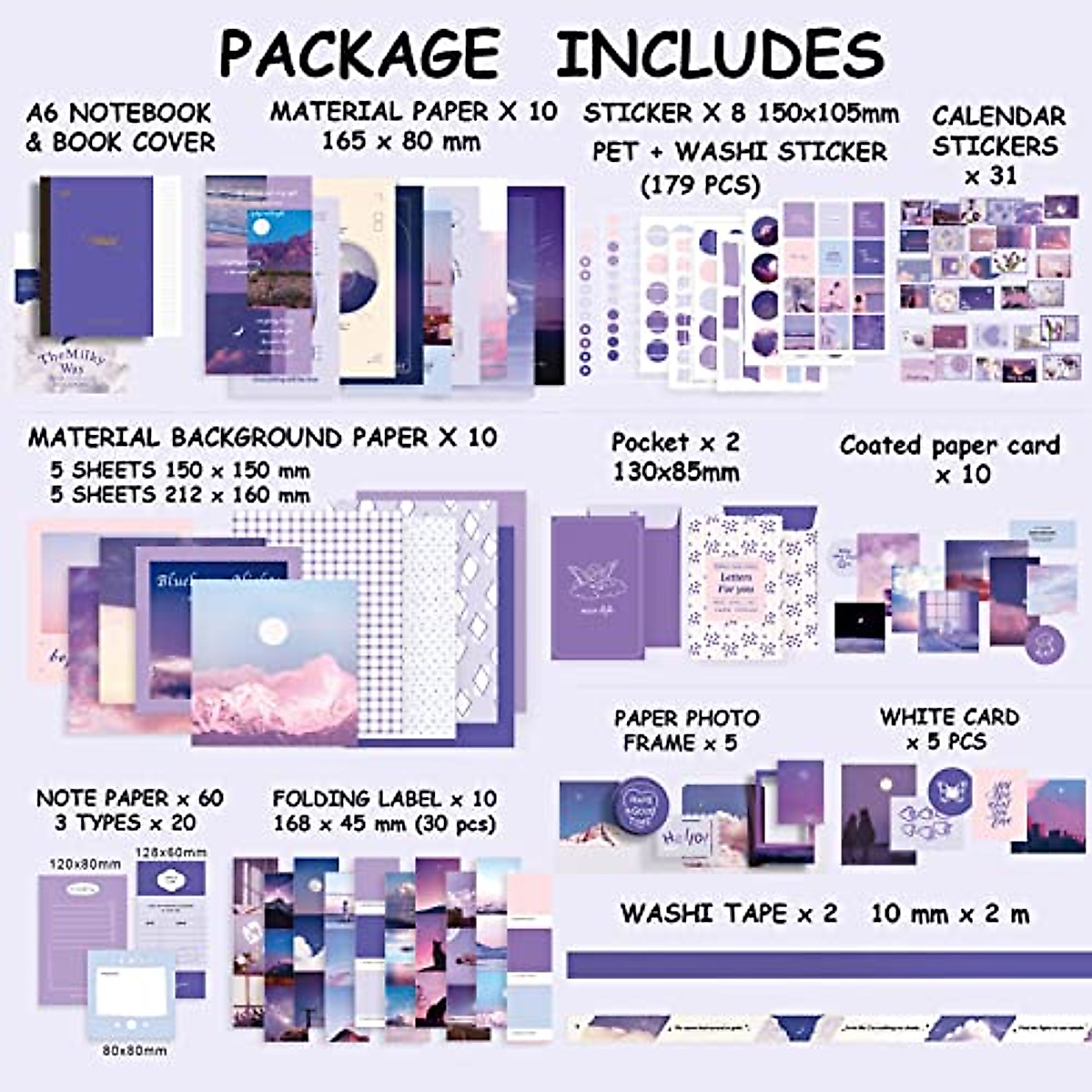 JOJIJOY Vintage Moonlight Aesthetic Scrapbook Kit, Scrapbooking Supplies Kit for Bullet Junk Journal, Stationery, A6 Grid Notebook, DIY Journalling Kit, Birthday Craft Gift for Teen Girl Kid Women