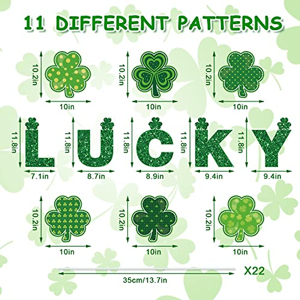 Whaline 11Pcs St. Patrick's Day Yard Signs with 22Pcs Stakes Glitter LUCKY Green Clover Lawn Sign for Indoor Outdoor Home Lawn Decorations Holiday Anniversary Ornaments Party Supplies