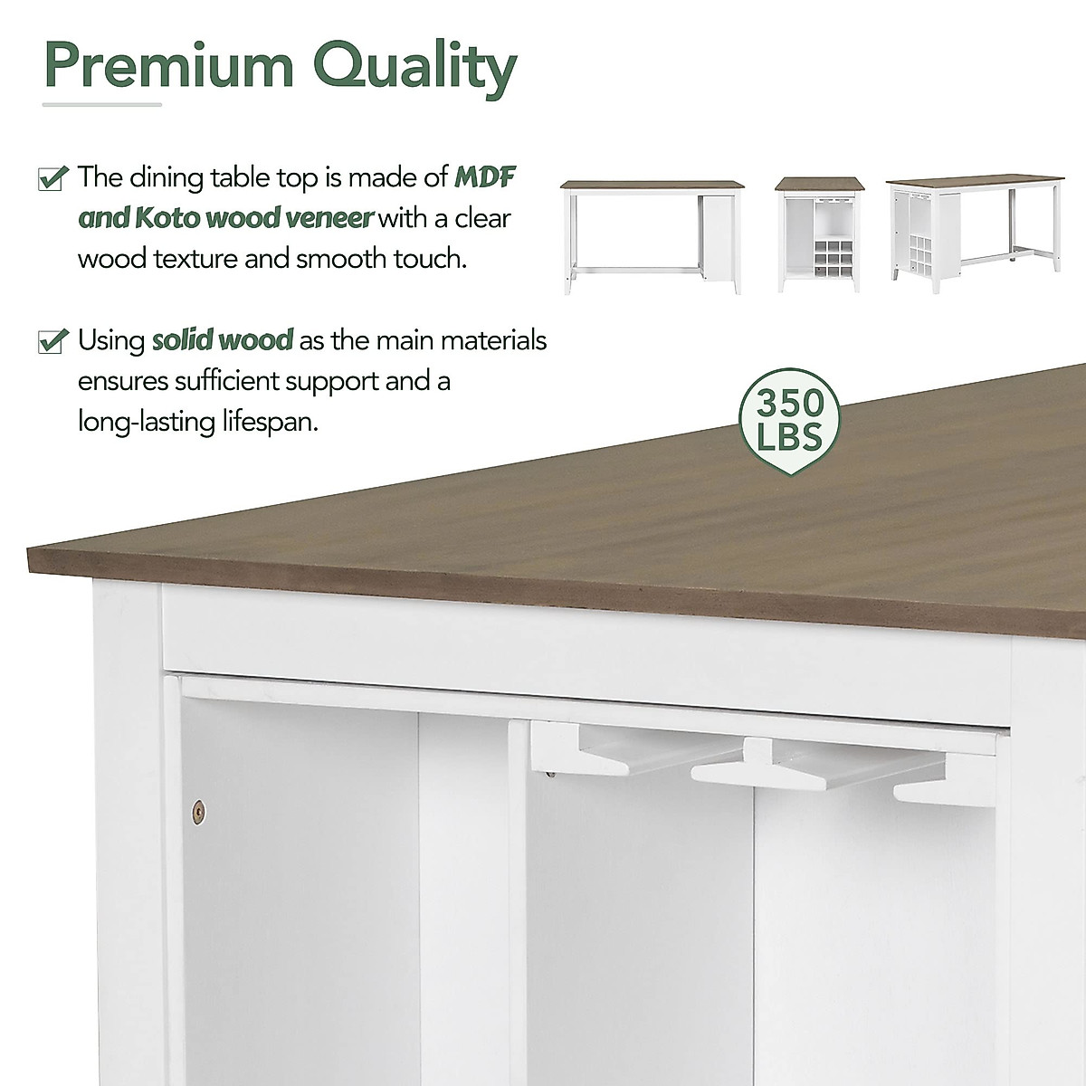 5-Piece Rustic Dining Table Set, Rubber Wood Counter Height Table with 4 Padded Chairs and Integrated 9 Bar Wine Compartment, Wineglass Holdersc for Dining Room Kitchen (Brown + White Wash-04)