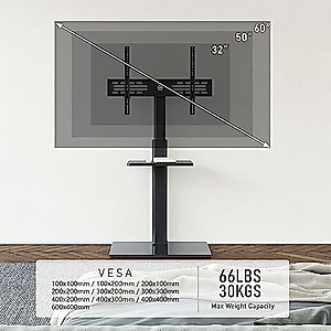 FITUEYES Universal TV Stand for 32 39 40 43 49 50 55 60 Inch TVs, TV Floor Stand with Swivel Mount, Max Holds 66lbs, Black Glass Base, Height Adjustable, Perfect for Corner & Bedroom