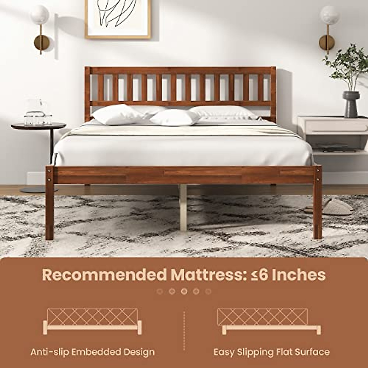 Giantex Wood Full Bed Frame with Headboard, Mid Century Platform Bed with Wood Slat Support, Solid Wood Foundation, 12 Inch Height for Under Bed Storage, Easy Assemble, Walnut