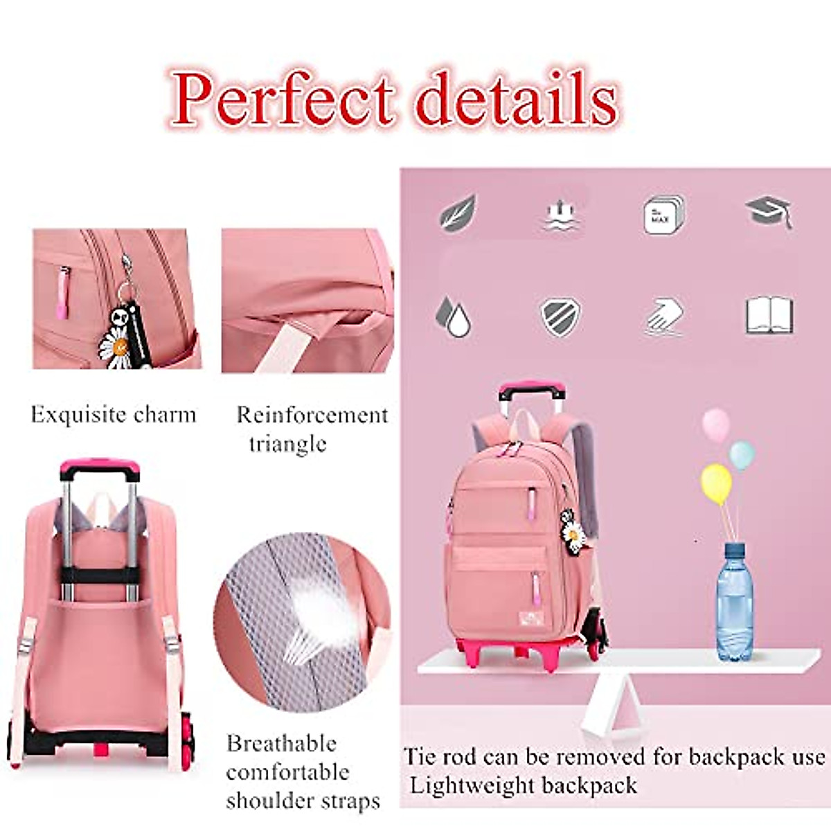 YJMKOI Solid-Color Simple Rolling Backpack for Girls, Blue Trolley Bags on 6 Wheels, Carry-on Luggage BookBag with Wheels for Middle School