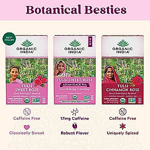 Organic India Tulsi Sweet Rose Herbal Tea - Holy Basil, Stress Relieving & Magical, Immune Support, Adaptogen, Vegan, USDA Certified Organic, Non-GMO, Caffeine-Free - 18 Infusion Bags, 6 Pack