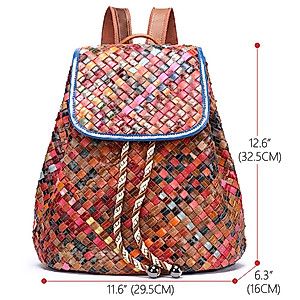 MASIWEI Genuine Leather Patchwork Backpack Purse for Women Multicolor Cute Large Capacity Bookbag with Drawstring Design